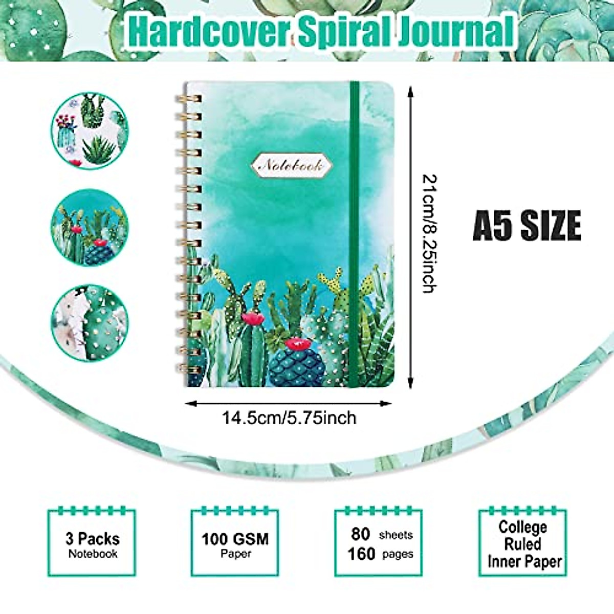 EOOUT 3 Pack Spiral Notebook, 6"x 8.5" Hardcover Spiral Journal, 160 Pages, Cute Cactus, Back Pocket, 100gsm Paper, Cute Notebook for Work, Office, School Supplies