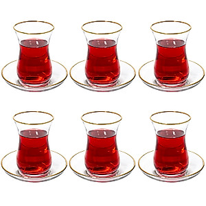 Vikko Turkish Tea Glasses & Saucers, 5.5 Oz Turkish Tea Cups,Turkish Glass Tea Set For Six, Tea Cup Glass, Clear Glass Tea Cups And Saucers, Gold Accented Turkish Tea Cup Set, 6 Cups and 6 Plates