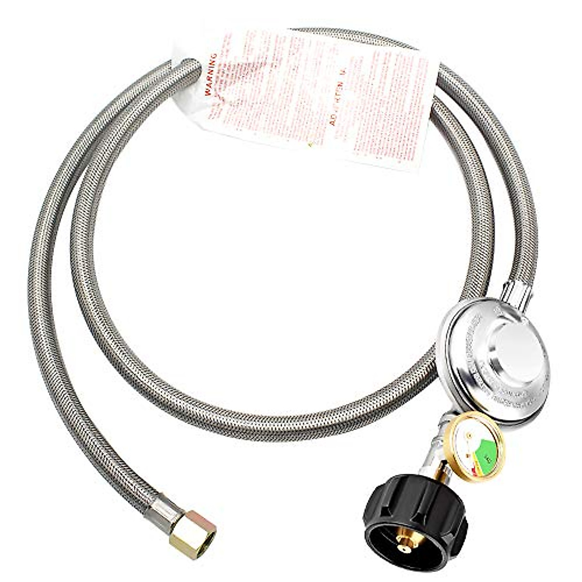 MCAMPAS 5 FT Propane Hose Regualtor with Gauge,QCC1 Stainless Steel Braided Hose and 3/8" Female Flare Nut for Weber Grill, Propane Heater, Patio Heater, Fire Pit,Burner Stove,Smoker,Water Heater