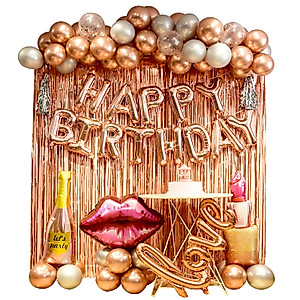 Rose Gold birthday decorations for women ，happy birthday party decorations for girls，Rose Gold Fringe Curtain，happy birthday banner，happy birthday balloon，happy birthday balloon letters