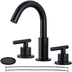 Qomolangma Black Bathroom Faucets for Sink 3 Hole, 8 inch Widespread Bathroom Faucet, 2-Handle Bathroom Sink Faucet, 360° Swivel Spout Lavatory Sink Faucet with Water Supply Lines & Pop Up Drain