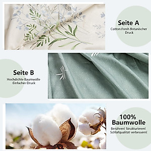 MetersGod 100% Long-Staple Cotton Duvet Cover Set Queen White Green Floral Leaves Pattern Printed Reversible Comforter Cover 3pcs, Ultra Soft & Breathable Bedding Set