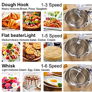 Biolomix Kitchen Electric Stand Mixer, 6-Speed Tilt-Head Food Mixer with 6.5-QT Stainless Steel Bowl, Dough Hook, Flat Beater, Whisk and Anti-Splash Cover (6.5-QT, Light Silver