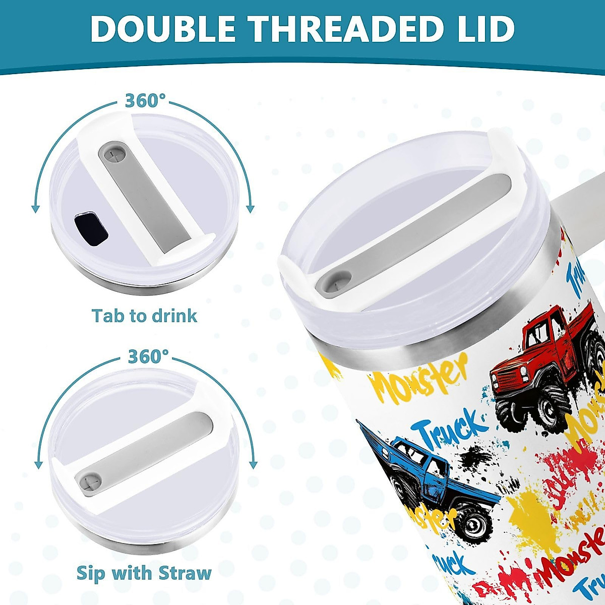 Emelivor Colorful Monster Trucks 30 oz Tumbler with Lid and Straw Insulated Tumblers with Handle Leak Proof Coffee Tumbler Mug Large Water Bottles for Hot or Ice Coffee Tea
