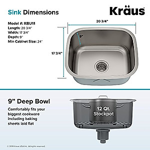 Kraus KBU11 20 inch Undermount Single Bowl 16 gauge Stainless Steel Kitchen Sink