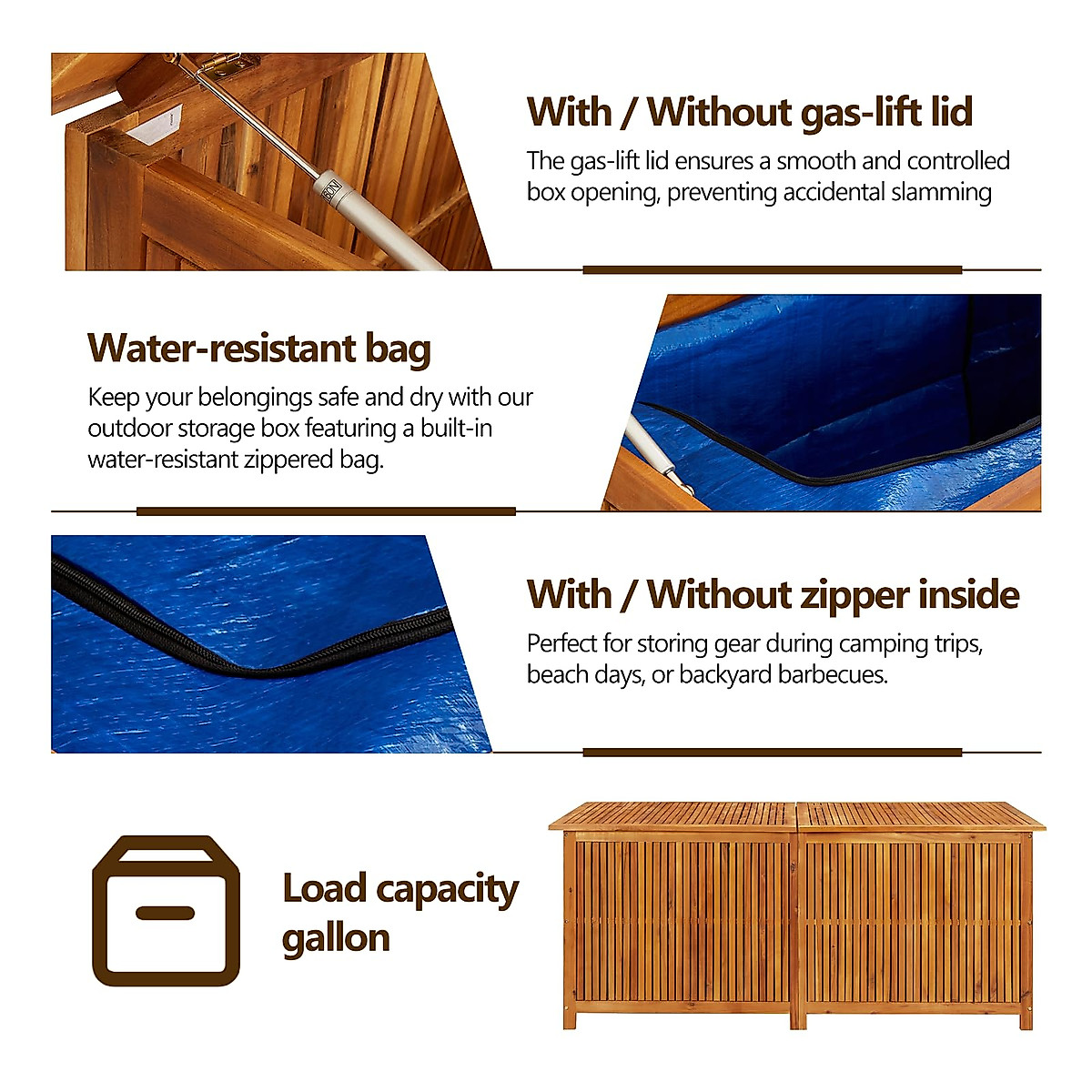 vidaXL Outdoor Storage Box, [Load Capacity Gallon] Deck Box with Gas-Lift Lid, Storage Chest with Water-Resistant Zippered Bag Inside, 68.9''x31.5''x29.5'', Solid Acacia Wood