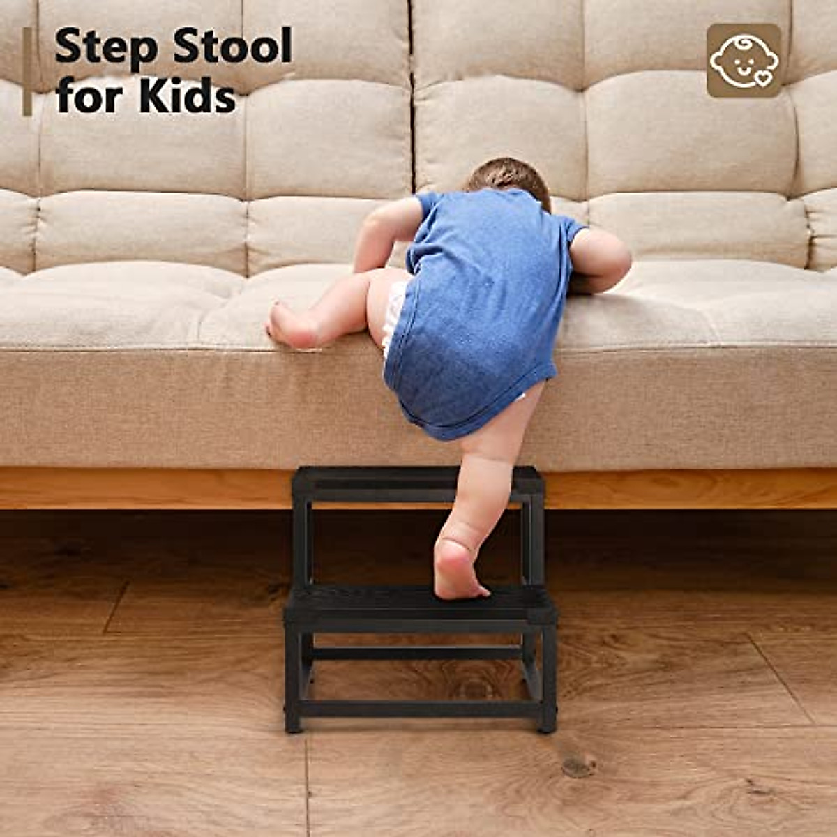 Wooden Step Stools for Adults Kids, Kitchen Step Stools, Heavy Duty 2 Step Stool, Bed Steps for High Beds for Adults, Foot Stool, Bathroom Stools, Hold Up to 500Lb
