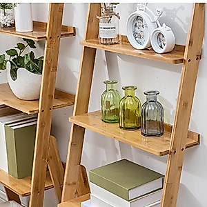 Maydear Bamboo Ladder Shelf, 5-Tier Trapezoid Bookshelf, Storage Rack Shelves, Wall Shelf Flower Stand, for Living Room, Kitchen, Office, Balcony - Wood Color