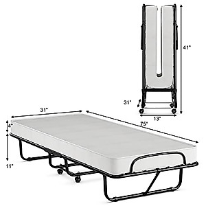 Giantex Folding Bed with Mattress for Adults, Fold up Bed with Memory Foam Mattress & Metal Frame on Wheels, Cot Size Roll Away Adult Bed, Foldable Portable Guest Bed for Easy Storage, Made in Italy