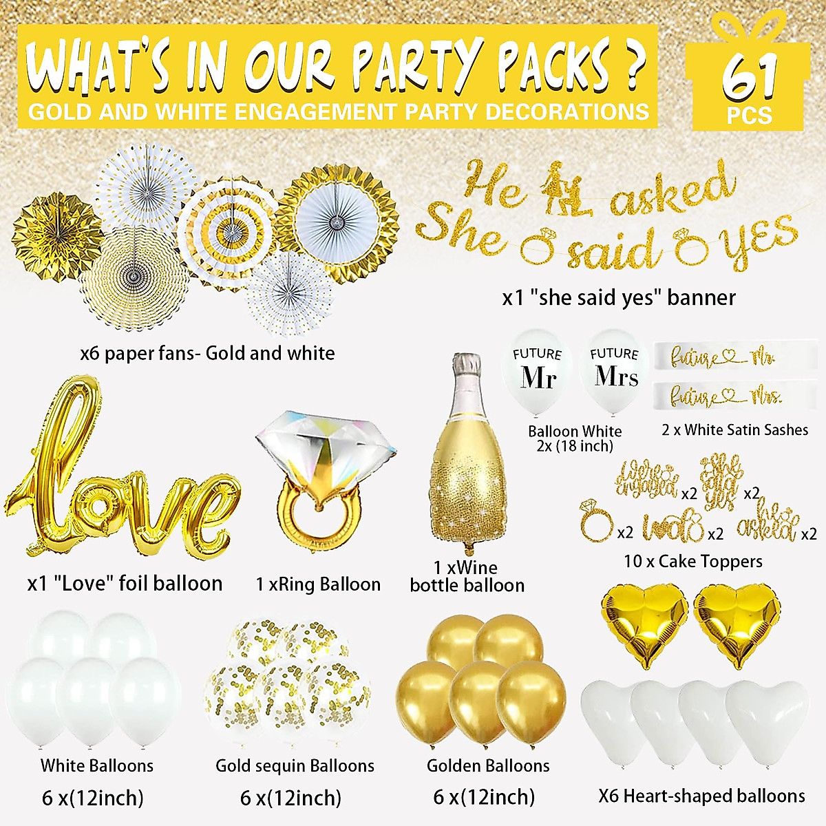 Engagement Party Decorations Gold He Asked She Said Yes Banner Bridal Shower Wedding Decorations Cake Toppers and Mr. & Mrs. Balloons Sash