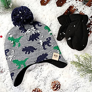 Syhood Toddlers Snow Gloves and Hats Knit Beanie Ski Earflap Hat and Gloves Baby Dinosaur Cap for Boy Girl (Black, 3-8 Years Old)