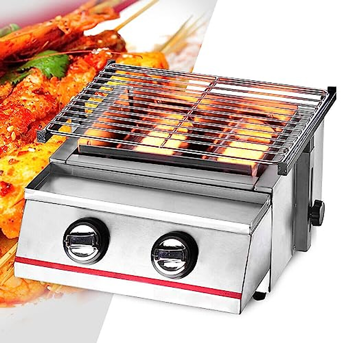 RustyVioum 2 Burner Gas Bbq Grill, Portable Table Top Smokeless Gas Grill, Stainless Steel Portable Grill Cooker for Outdoor Cooking Party Sliver