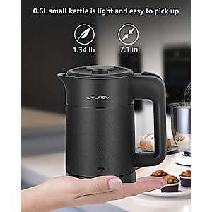 WTJMOV 0.6L Small Electric Tea Kettle Lightweight, Double Wall Hot Water Boiler Stainless Steel Auto Shut-off, 120V Portable Travel Electric Kettle Fast Boil for Tea and Coffee, Black