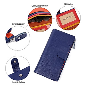 IVESIGN Wallets for Women RFID Blocking Credit Card Phone Holder Organizer Large Capacity Genuine Leather Wallets Checkbook Wallet Clutch Wallet Ladies Blue