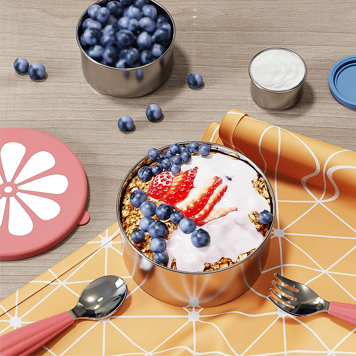 Hippywell Stainless Steel Food Containers with Silicone Lids, Leakproof Metal Lunch Box Set for Kids, Snack Boxes for Travel, 5Pcs Stainless Steel Containers, 1.7OZ up 23OZ