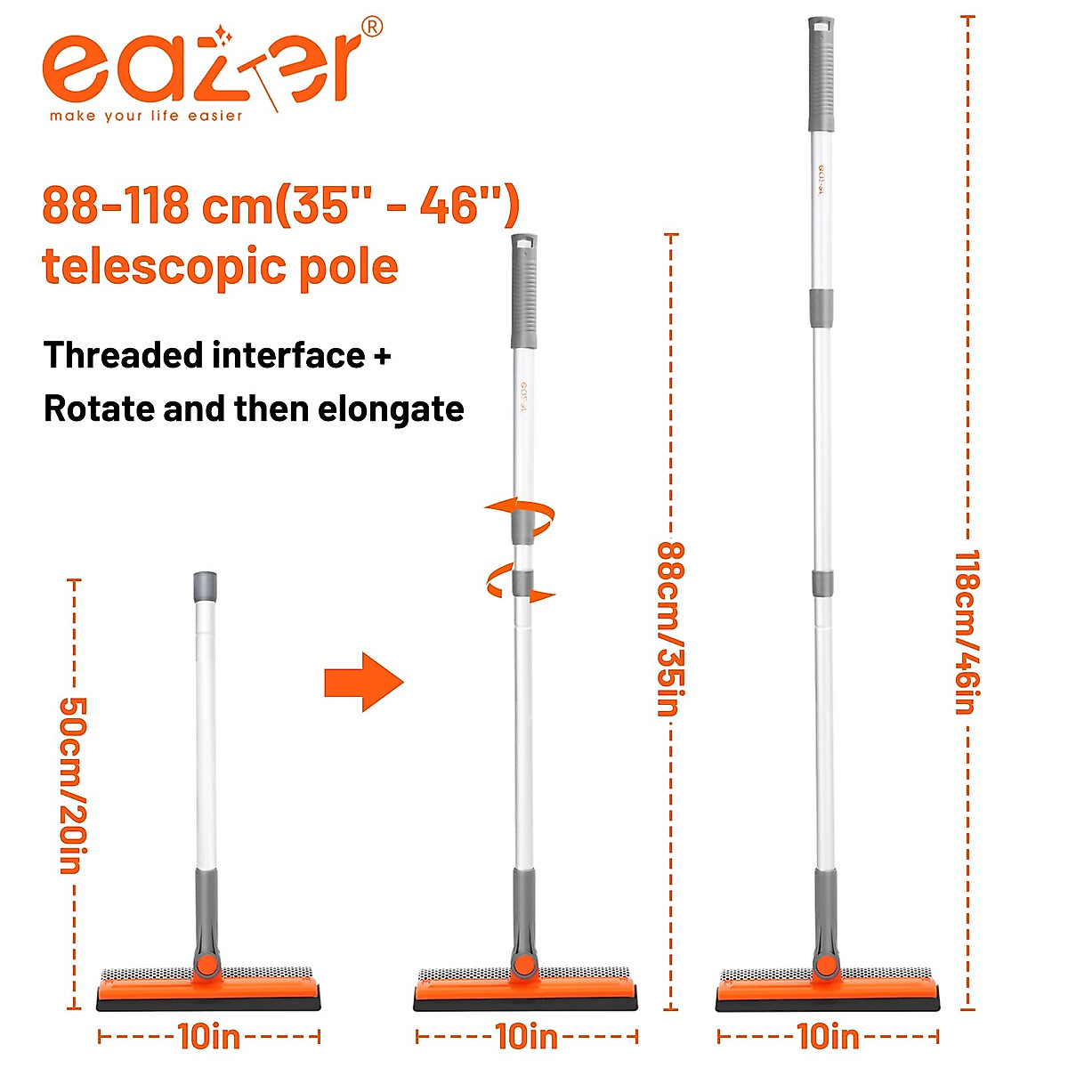 eazer 46'' Professional Window Cleaner Tool, 2-in-1 Rotatable Squeegee for Window Cleaning Kit, Window Washing Equipment Kit with Threaded Extension Pole(20''-46'') for Shower/Windshield.