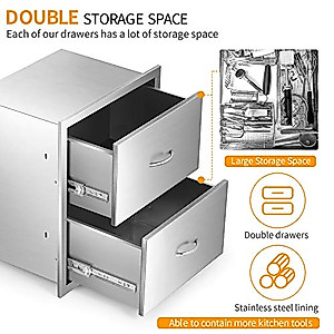 Outdoor Barbecue Drawers, Stainless Steel Kitchen Drawers with Handles, 2-Layer Design, Built-in Storage cabinets for Restaurant or Home use,BBQ Island,Terrace Barbecue Station (18W x 20.6H x 12.7D)