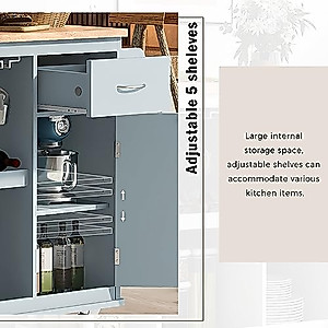 FEELLE Multipurpose Kitchen Island Cart Rolling Kitchen Island with Side Storage Shelves, Rubber Wood Top, Adjustable Storage Shelves, 5 Wheels, Island Table for Kitchen with Wine Rack, Blue