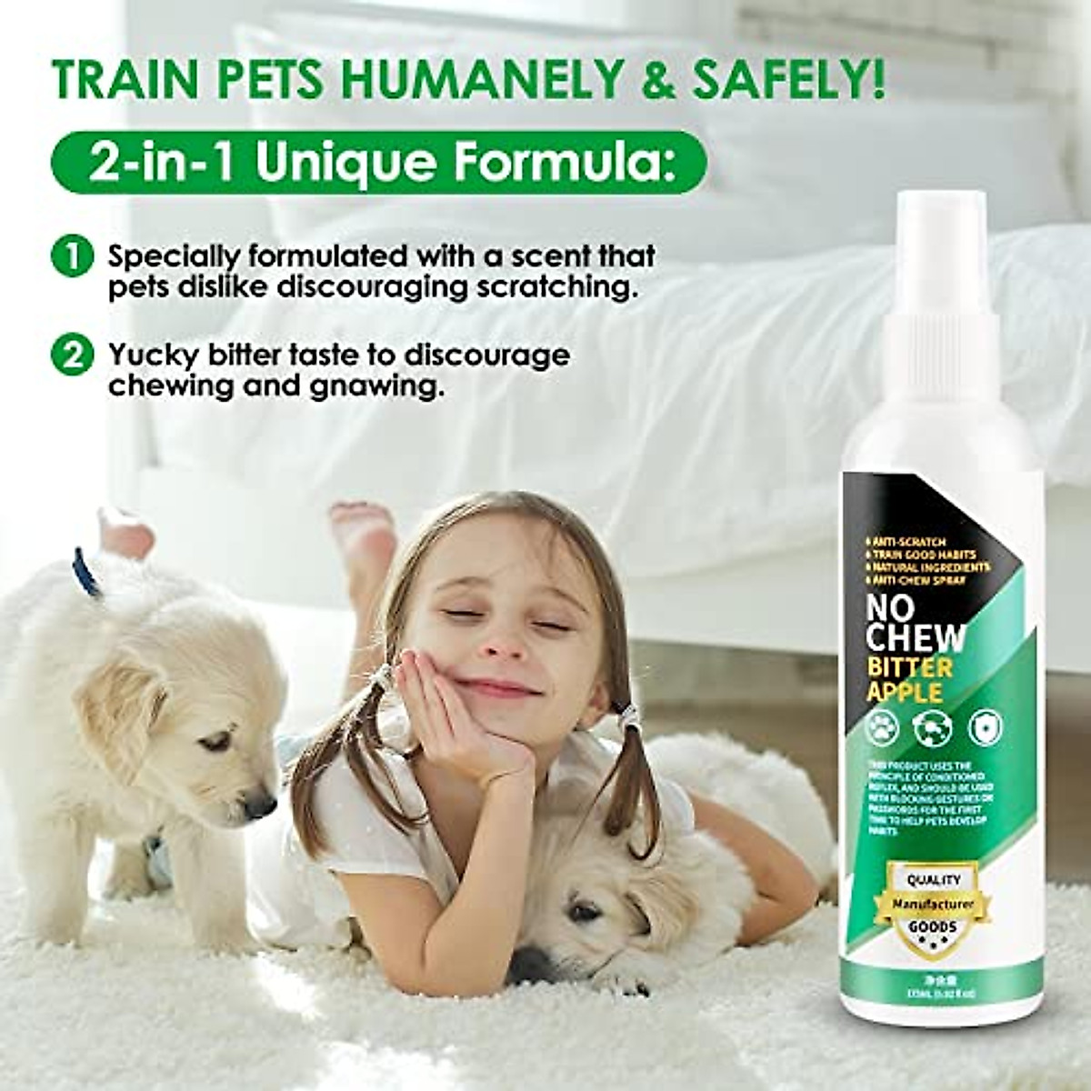 TUIOOE Bitter Apple Spray for Dogs to Stop Chewing - Prevent Licking, Marking, Chewing - Anti Chew Deterrent No Chew Spray | Alcohol Free, Non-Toxic, No Sting & No Smell - Indoor & Outdoor Safe 175ML