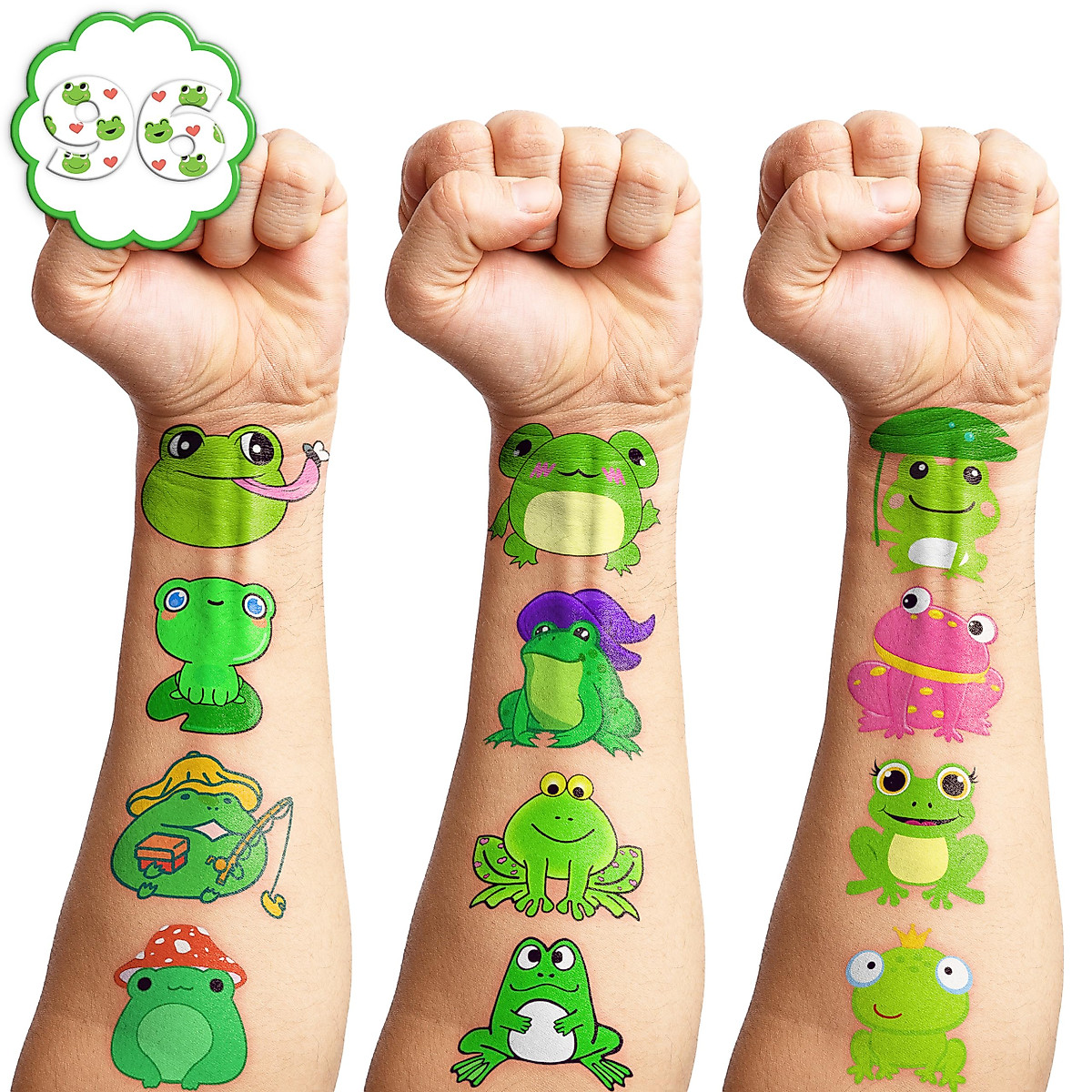 Frog Temporary Tattoos Birthday Themed Party Supplies Decorations Favors Cute Stickers Tattoo 8 Sheets 96 PCS Gifts for Kids Girls Boys Decor Class School Reward Carnival Christmas