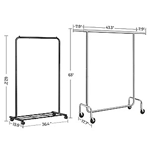 SONGMICS Clothes Rack and Garment Rack on Wheels Bundle, Heavy Duty Clothing Racks, Steel, Extendable Rail, Storage Shelf, Black and Chrome UHSR25BK and UHSR11S