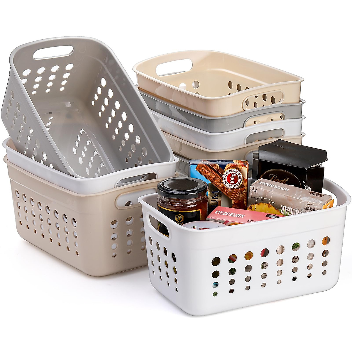 DEAYOU 9 Pack Plastic Storage Basket, Small Pantry Organizer Basket Bins, Rectangular Storage Tray Basket Container with Handle for Shelf, Household, Desktop (Beige, White, Gray)