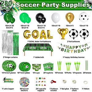 HJINGY 280 PCS Soccer Party Decorations, Soccer Themed Birthday Party Supplies Includes Soccer Balloons, Curtains, Happy Birthday Banner, Tablecloth, Plates, Napkins, Cake Toppers for Boys Sport Party