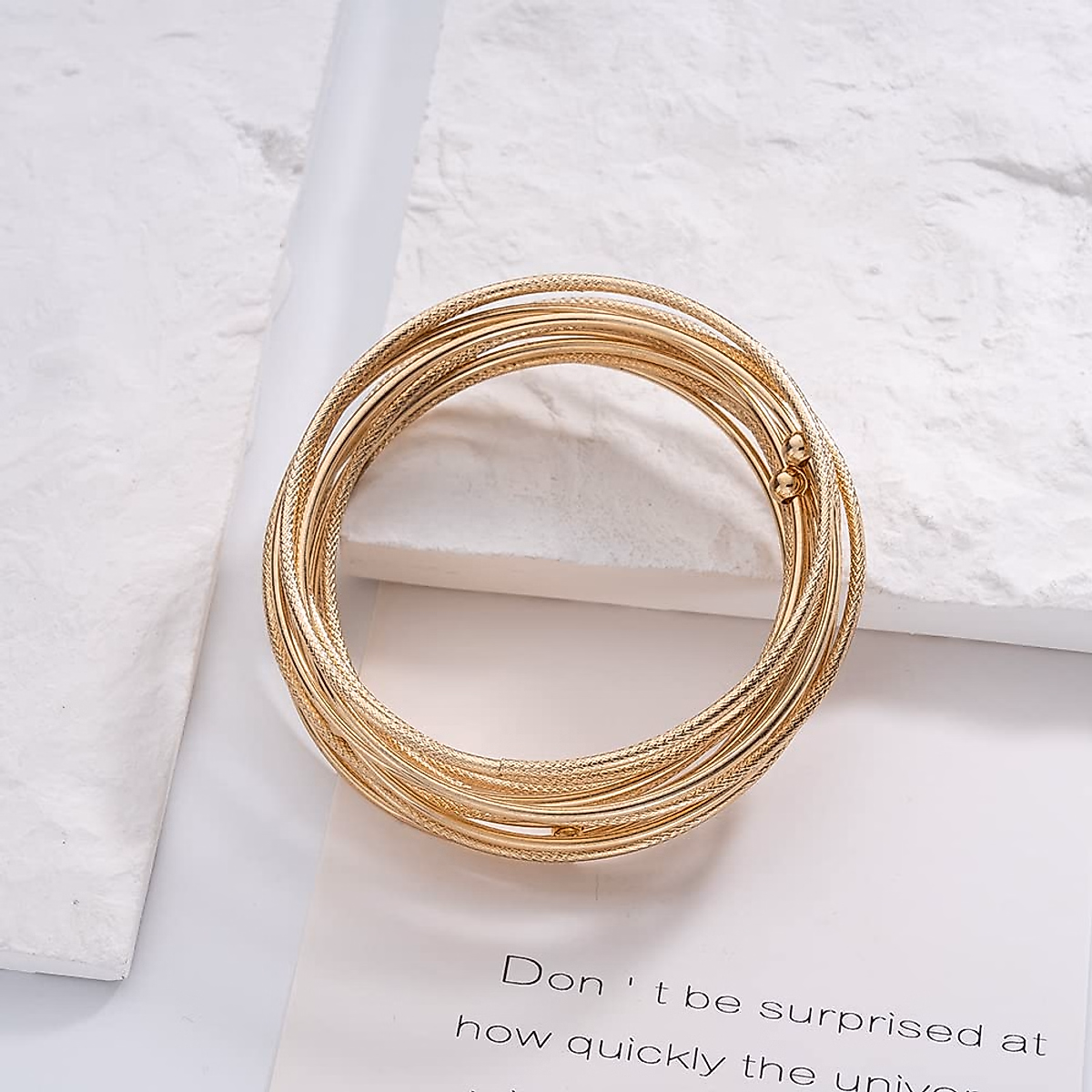 Madison Tyler Gold Plated Stackable Bangles, 5 piece of Smooth Bangles with Ball Pattern & 6 Piece of Textured Bangles.