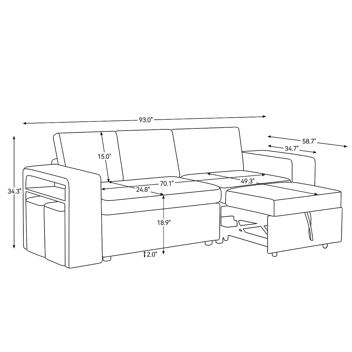 Bumblr 93" Modular Sectional Couches for Living Room Furniture, Comfy L Shape Couch with Chaise, Pull Out Couch with 2 Ottomans, Wide Sofa Armrest with Storage Space, Dark Grey