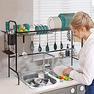 YuAnWe Over The Sink Dish Drying Rack, Large Dish Drying Rack with Durable Stainless Steel, Metal Dish Drying Rack for Kitchen Organizer Storage Space Saver, Black 33inch