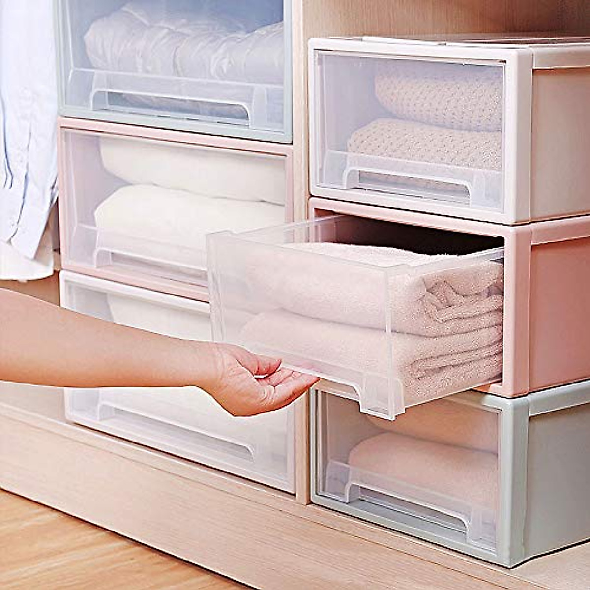 HEVIRGO Clothes Storage Bins Box,Wardrobe Clothes Organizer, Household Plastic Transparent Stackable Drawer Storage Box Container Organizer for Bedding, Blankets, Toys, Books Beige XXXL