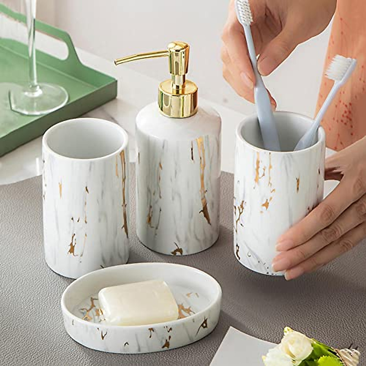 JINYISI Bathroom Accessory Set,Ceramics Bathroom Accessories,4 pcs White Bathroom Sets Accessories,Bathroom wash Cup Toothbrush Cup Set