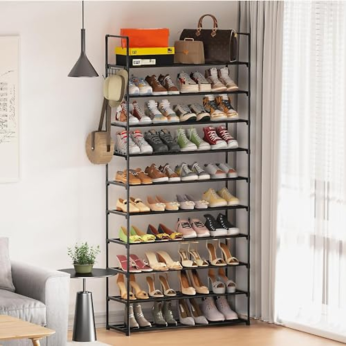 HOMICKER Shoe Rack,10 Tier Shoe Organizer Large Shoe Storage with Hooks,Fit 40-50 Pairs Shoes,Metal Tall Shoe Shelf for Closet,Entryway,Garage,Bedroom