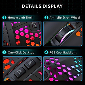 Uiosmuph X801 Wired Gaming Mouse, Honeycomb Lightweight Gaming Mouse with RGB Backlit, 7 Programmable Buttons and One-Click Desktop, 8000 DPI Optical USB Gamer Mouse for Mac, Laptop, Computer - Black