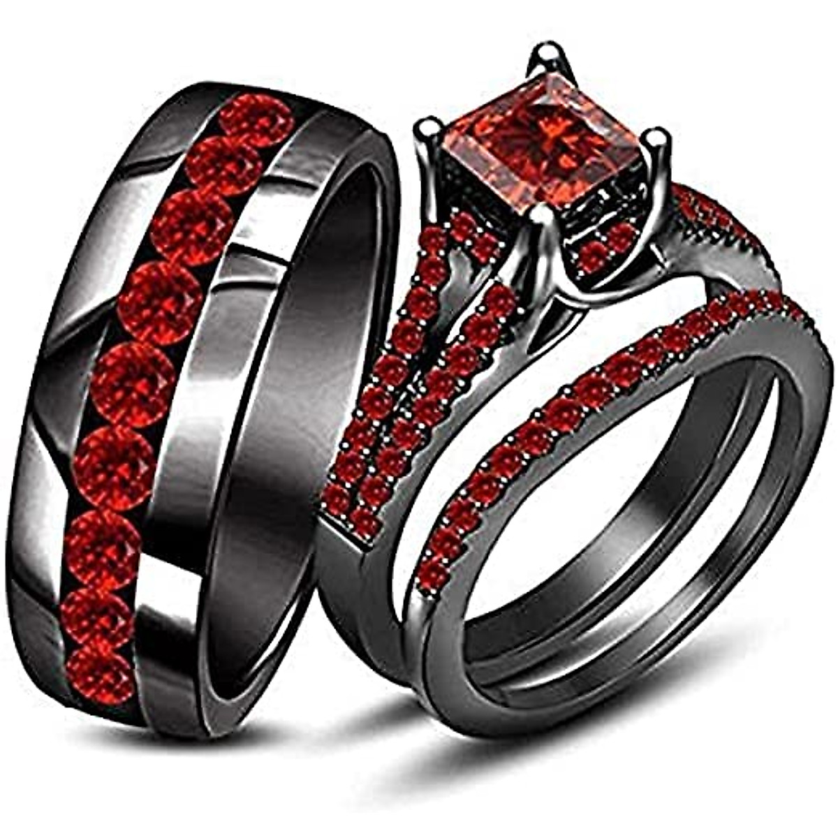 2.55 Ct Princess & Round Cut Red Garnet 14K Black Gold Finish Eternity Love Trio Ring Set For Him & Her (8)
