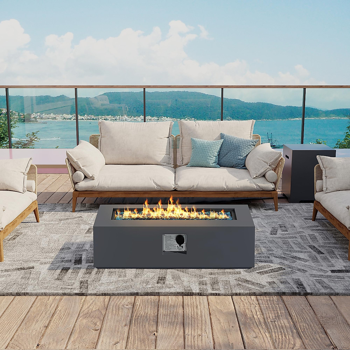 UPHA 42-Inch Outdoor Gas Fire Pit Table 50000 BTU Iron Rectangular Fire Pit for Outdoor Patio with Tank Cover Table, Metal Lid, Fire Glass, Rain Cover, Dark Grey
