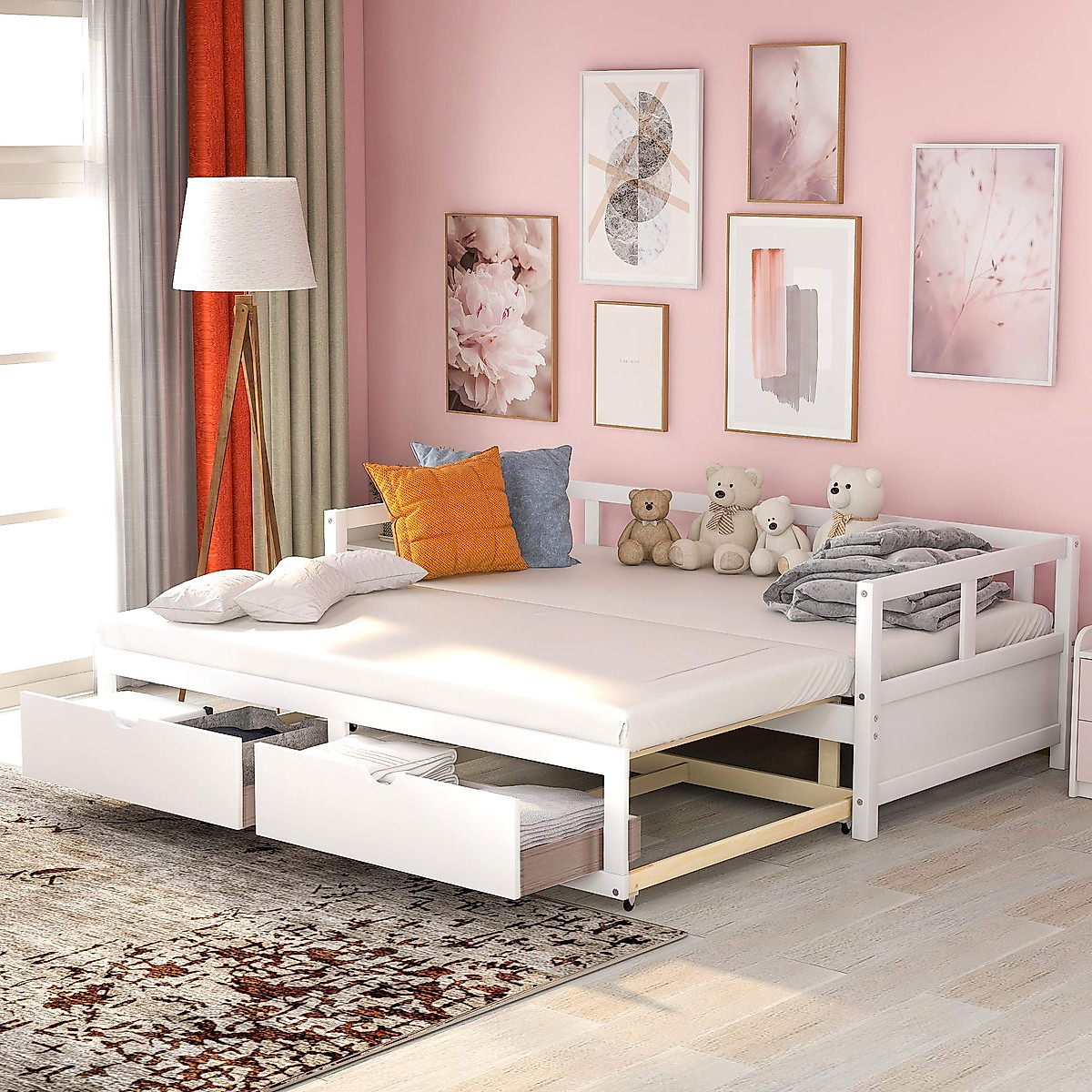 Wooden Daybed Extendable Bed, Twin to King Daybed Frame with Trundle Bed and 2 Storage Drawers, Sofa Bed for Bedroom Living Room (White)