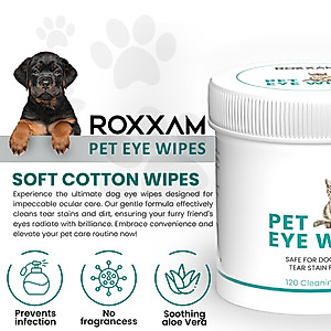 ROXXAM Pet Eye Wipes | Soft & Gentle Tear Stain Remover for Dogs Wipes | Convenient & Easy to Use Dog Mouthwash: Advanced Dental Care Water Additive for Dogs | Keep Dog Breath Fresh and Teet