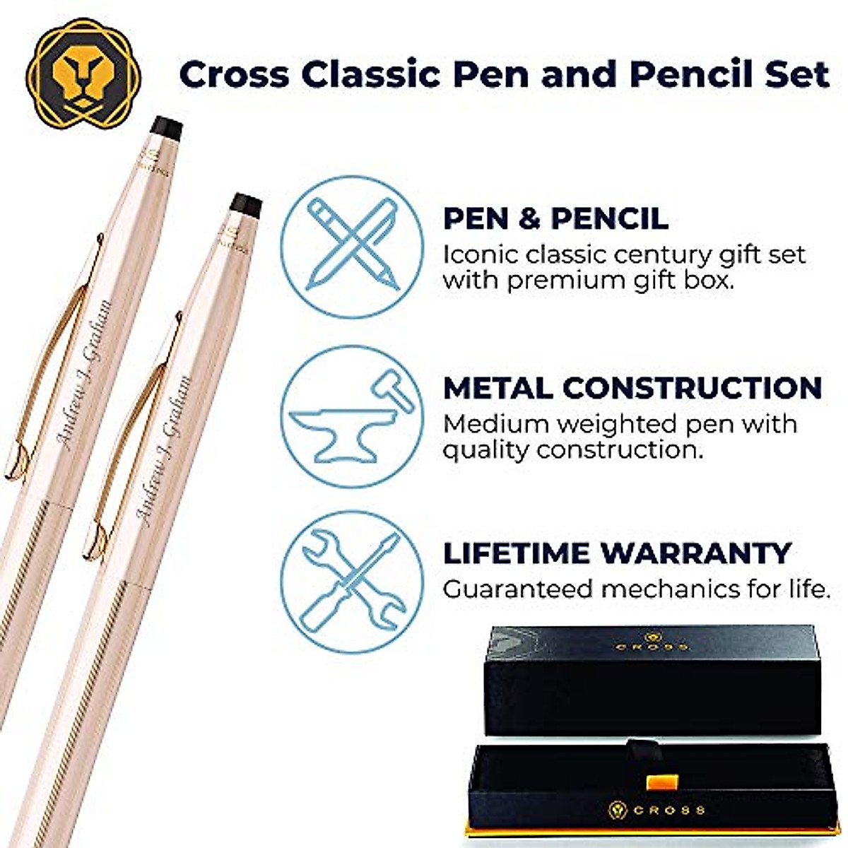 Gold Cross Pen Set | Engraved/Personalized Cross Classic Century 14 Karat Gold Plated Pen and Pencil Gift Set. Custom Engraved and Shipped in 1 Business Day.