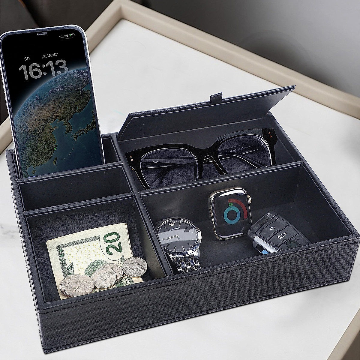Zcaukya Men's Valet Tray, Jewelry Box Nightstand Organizer with 5 Compartments for Phone Keys Wallet Watch Glasses, Faux Leather Dresser Entryway Catchall Holder for Father's Day Gift (Black)