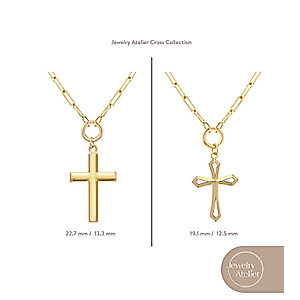 Jewelry Atelier Gold Filled Cross Necklaces – 14K Yellow Gold Filled Cross Pendant with Solid Clip Chain for Women and Men (Different Sizes and Styles with Extension/Adjustable Chain) (12.5mm width)