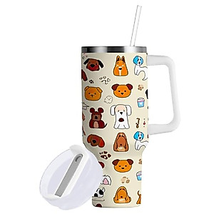 RPLIFE Cartoonish Dog Breeds Beige Stainless Steel Cup, Insulated Coffee Cups with Lids, Coffee Tumbler for Women