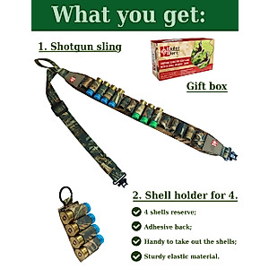 Underalert Shotgun Sling 12 Gauge with 15 Shell Holders, Adjustable Gun Sling with Thumb Loop and Built-in Swivels, 12ga Shotgun Strap for Hunting Turkeys, 2 Point Shot Gun Bandolier (Waterfowl Camo)