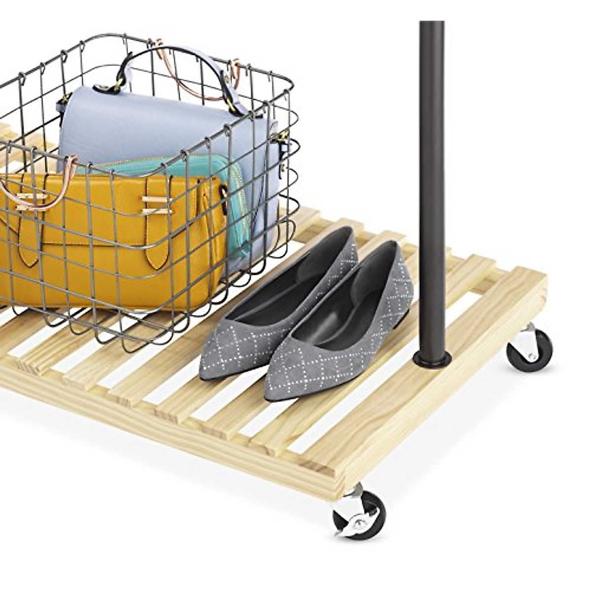 Whitmor Slat Wood Garment Rack - Freestanding Rolling Clothing Organizer - New Zealand Pine Shelf