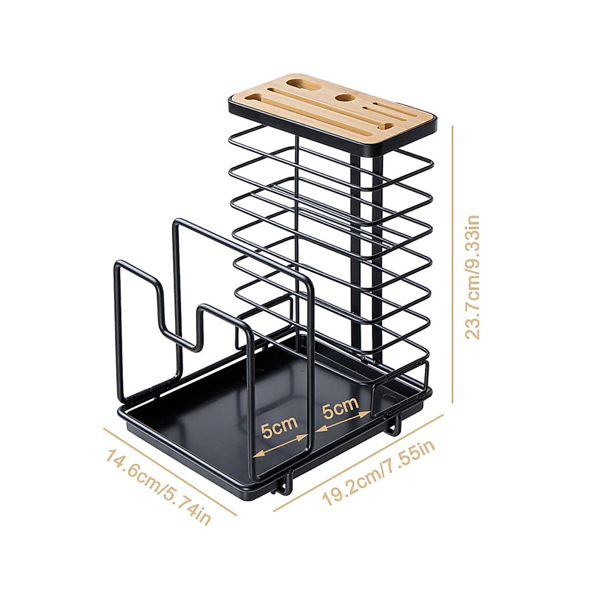 LINFIDITE Knife Block Holder Pot Lid Rack Cutting Board Organizer Holder Drying Rack with Draining Tray Kitchen Countertop Cabinet Pantry Bakeware Cookware Storage Stand Black