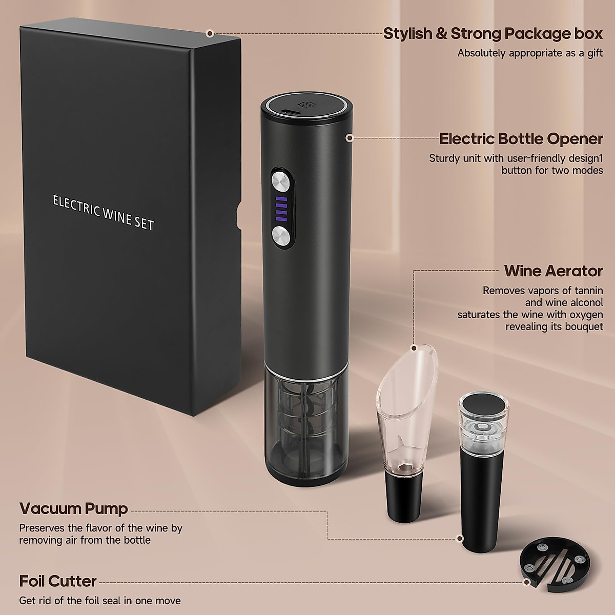 Electric Wine Opener Wine Gifts Bottle Openers Kit with Foil Cutter, Wine Aerator Pourer, Vacuum Stopper USB C Rechargeable Cordless Electric Wine Corkscrew Gift Set