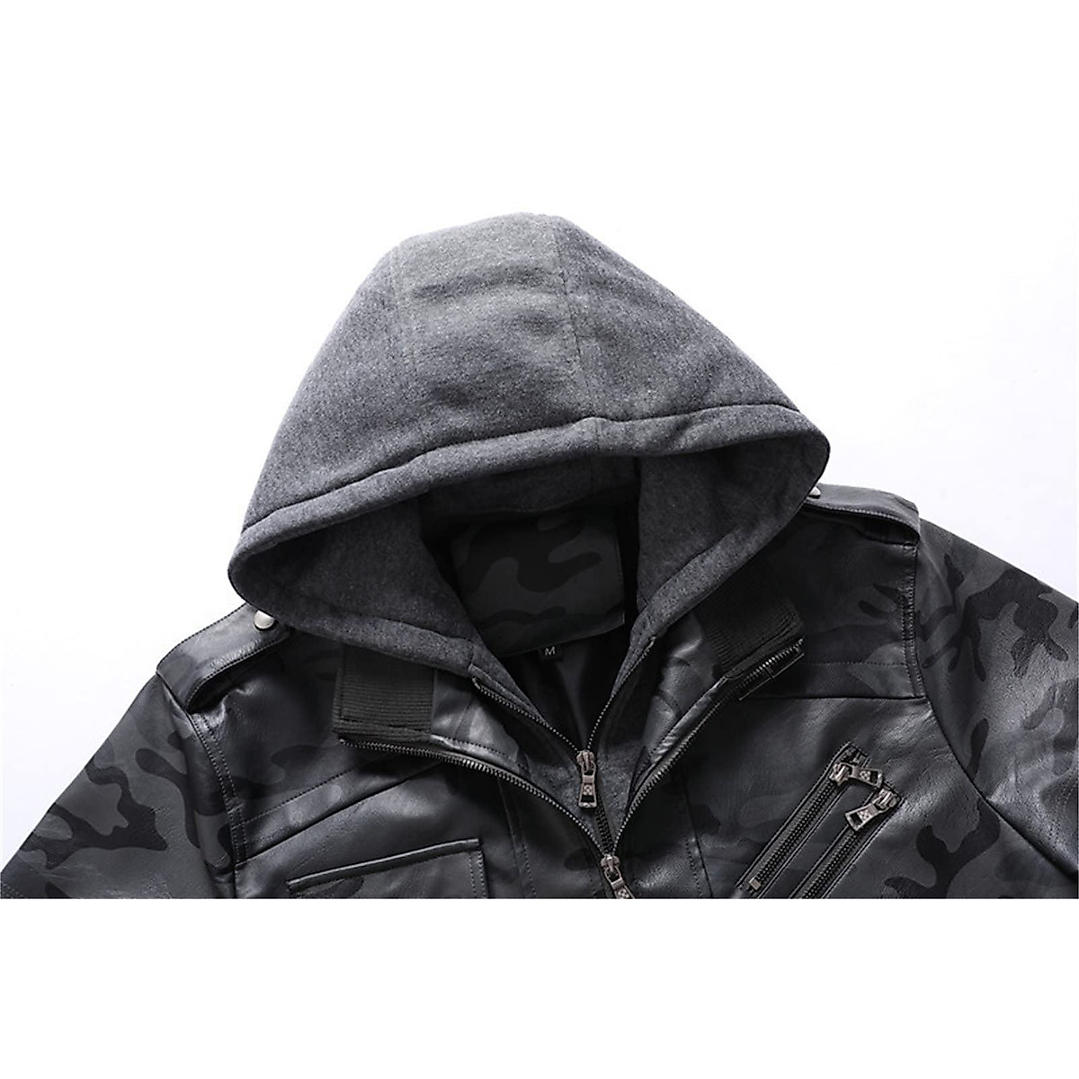 Maiyifu-GJ Men's Camo Faux Leather Jacket Winter Warm Moto Jacket with Removable Hood Pu Motorcycle Bomber Jackets Outwear (Grey,Large)