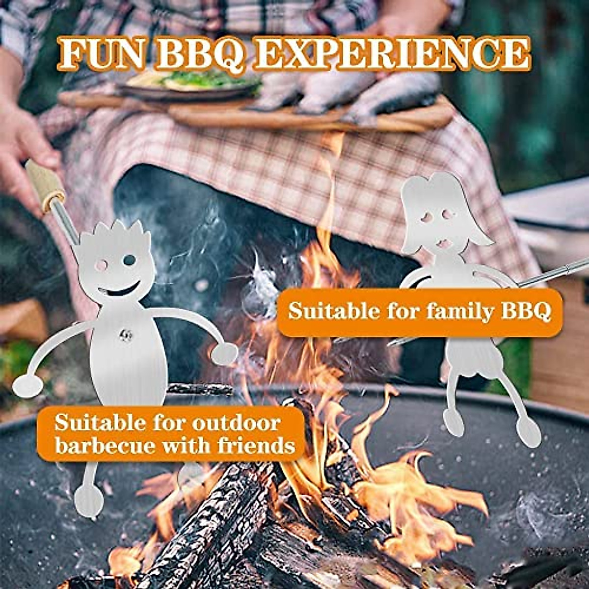 HIKATOP Funny Marshmallow Roasting Sticks, 2 Set Funny Stainless Steel Barbecue Forks, Hot Dog Holder Campfire for Party Family Friends Gathering (2 Set 304 Steel)