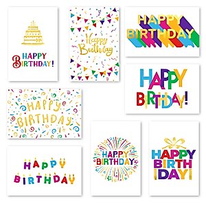 120 Pack Assorted Gold Foil Happy Birthday Cards with Envelopes, Organizer Box, Stickers, and Seals - 4x6 Inches, 8 Unique Designs, Ideal for Kids, Men, Women, and Elderly