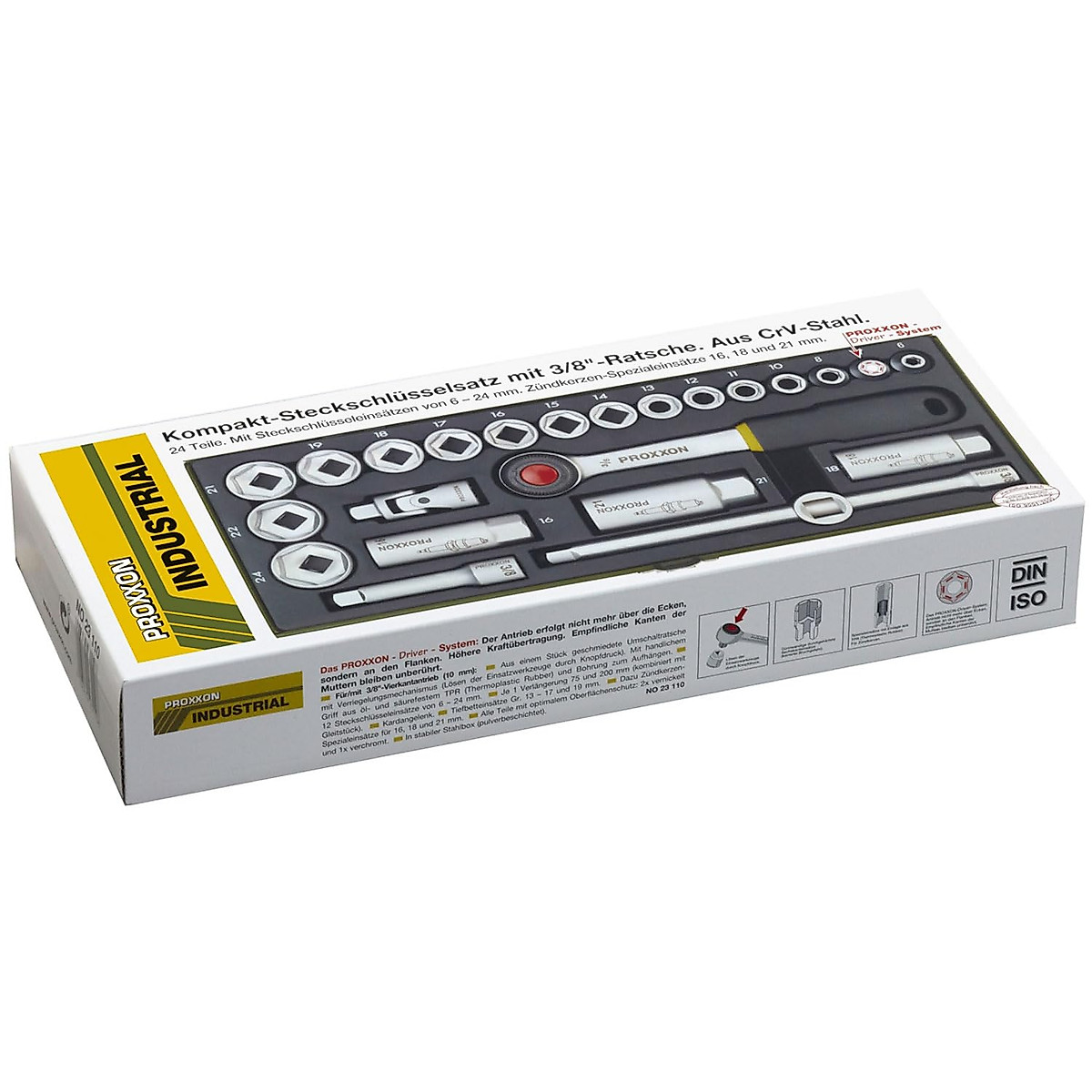 PROXXON 23110 Socket Set, 0 V, Multi-Colour, 3/8-Inch, Set of 24 Piece